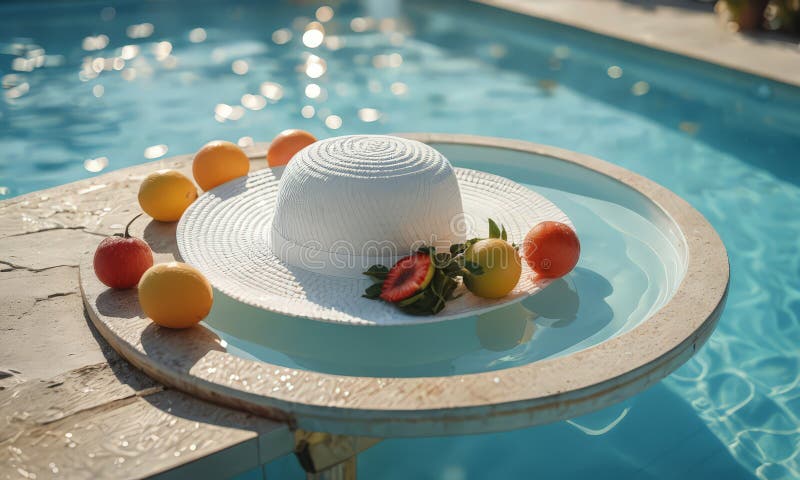 White Hat with Red Band and Bouquet Orange, Yellow, and Red Flowers ...