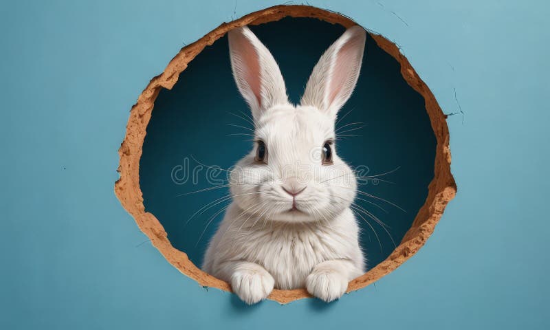 White Rabbit Peeks through Brown-framed Hole in Blue Wall, with Curious ...