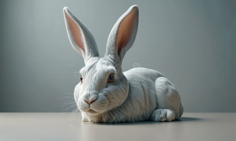 White Rabbit with Large Ears Sits on Gray Surface, Gazing Directly at ...