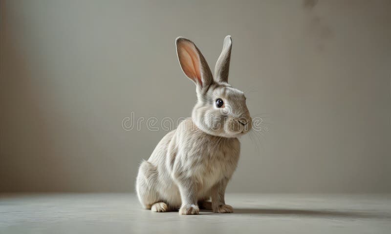 White Rabbit with Large Ears Sits on White Surface, Gazing Directly at ...