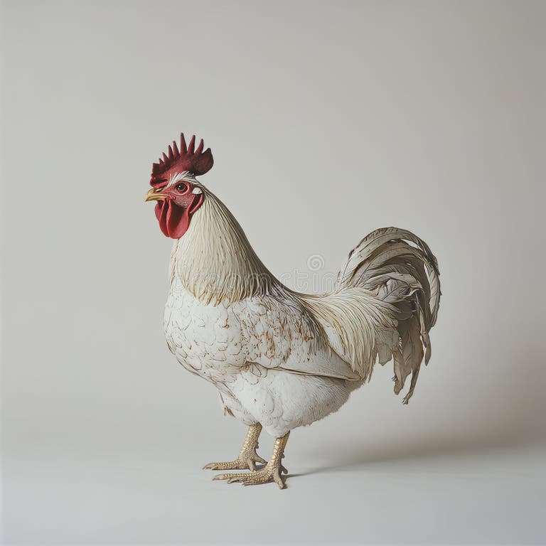 The Image Depicts a White Rooster with a Red Comb Standing on a White ...