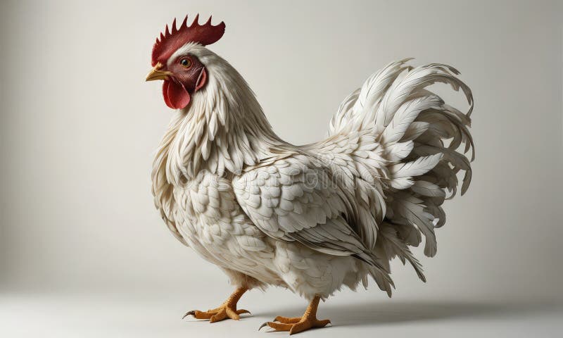 White Rooster with Red Comb and Tail Feathers Stands on One Leg Against ...