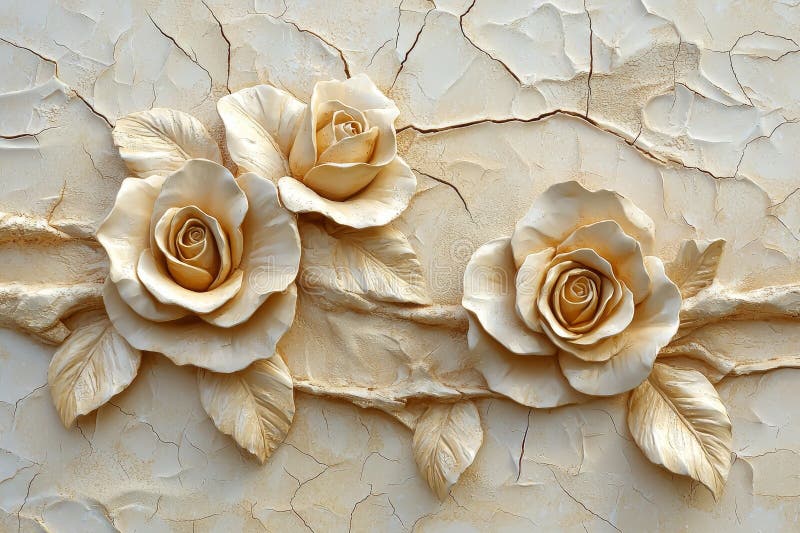 This Image Depicts a White Rose with a Leafy Stem in Stucco Relief ...