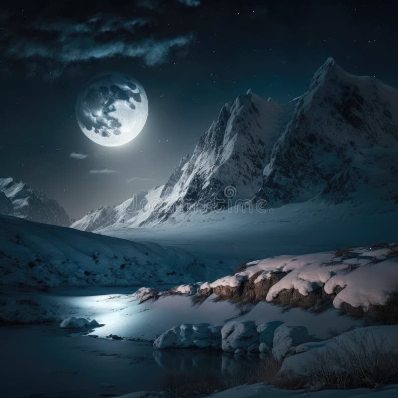 Full Moon: a Winter View of Snow-capped Mountains, White Rocks and ...