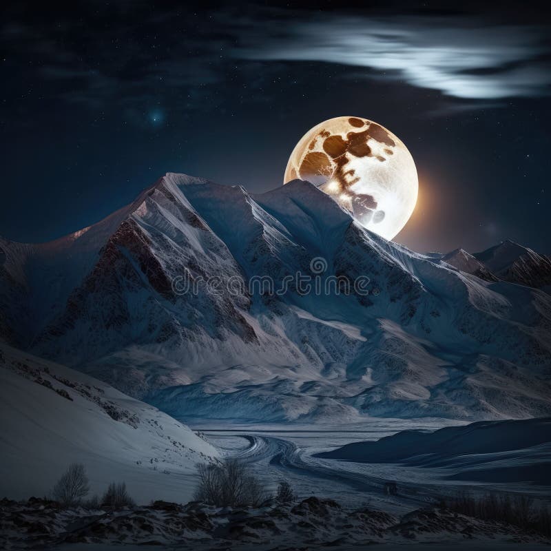 Full Moon: a Winter View of Snow-capped Mountains, White Rocks and ...