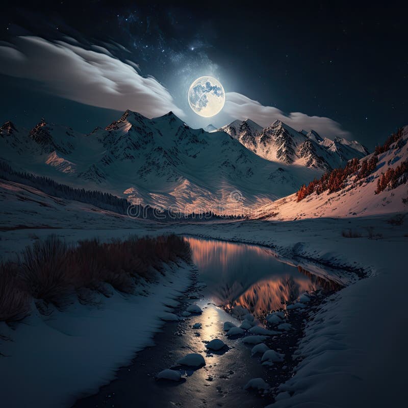 Full Moon: a Winter View of Snow-capped Mountains, White Rocks and ...