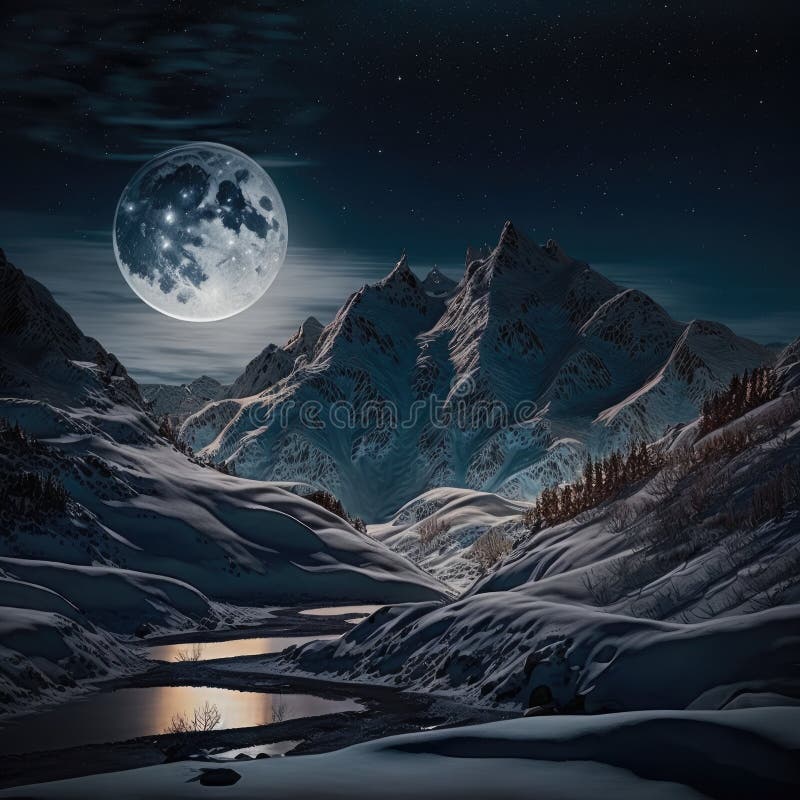 Full Moon: a Winter View of Snow-capped Mountains, White Rocks and ...