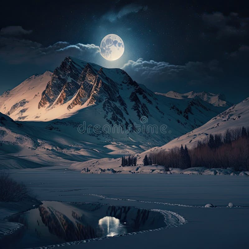 Full Moon: a Winter View of Snow-capped Mountains, White Rocks and ...