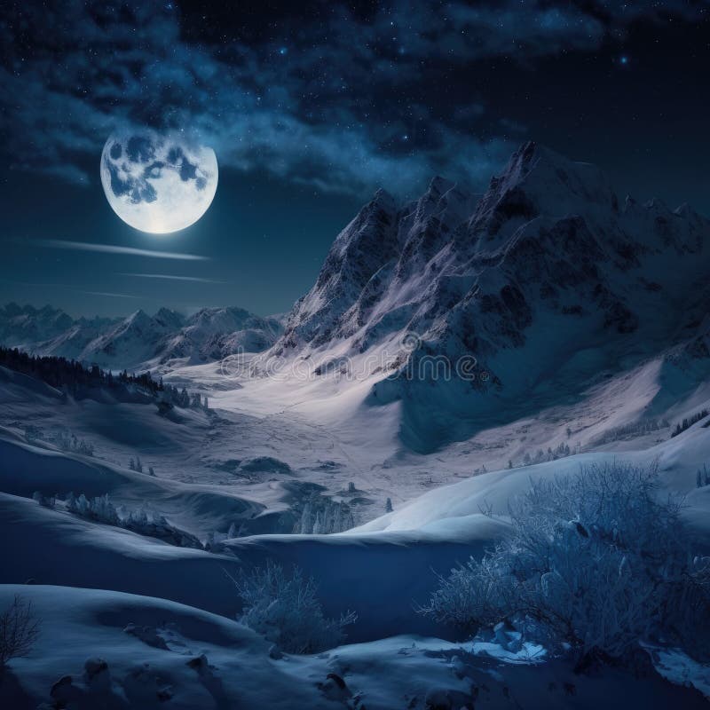 Full Moon: a Winter View of Snow-capped Mountains, White Rocks and ...