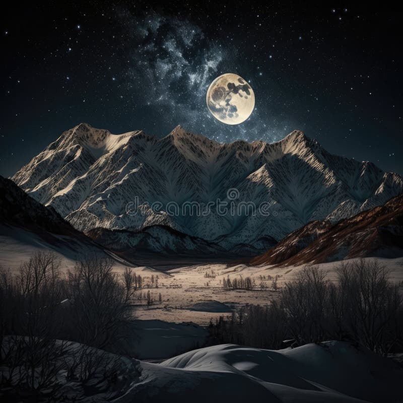 Full Moon: a Winter View of Snow-capped Mountains, White Rocks and ...