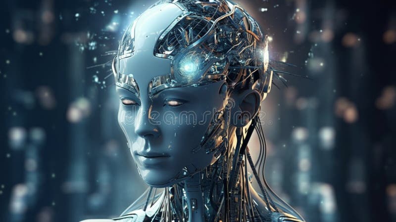 AI Generative Photo Cyborg Face Wireframe Hologram 3d Rendering in Artificial Intelligence and ...