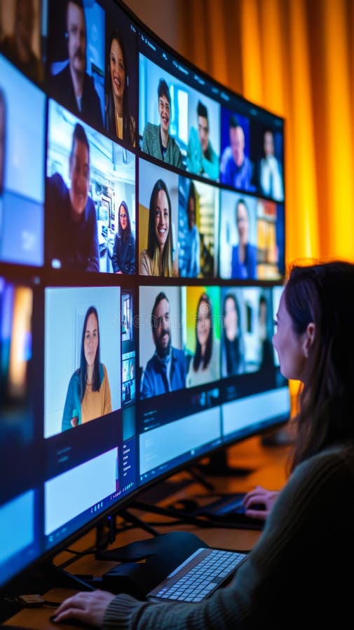 A Woman Engaging in a Video Conference on a Multi-screen Setup. the ...