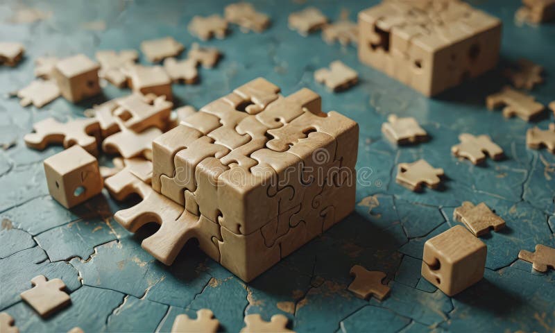 3D Wooden Puzzle Cube with Missing Pieces, Set Against Blue Background ...