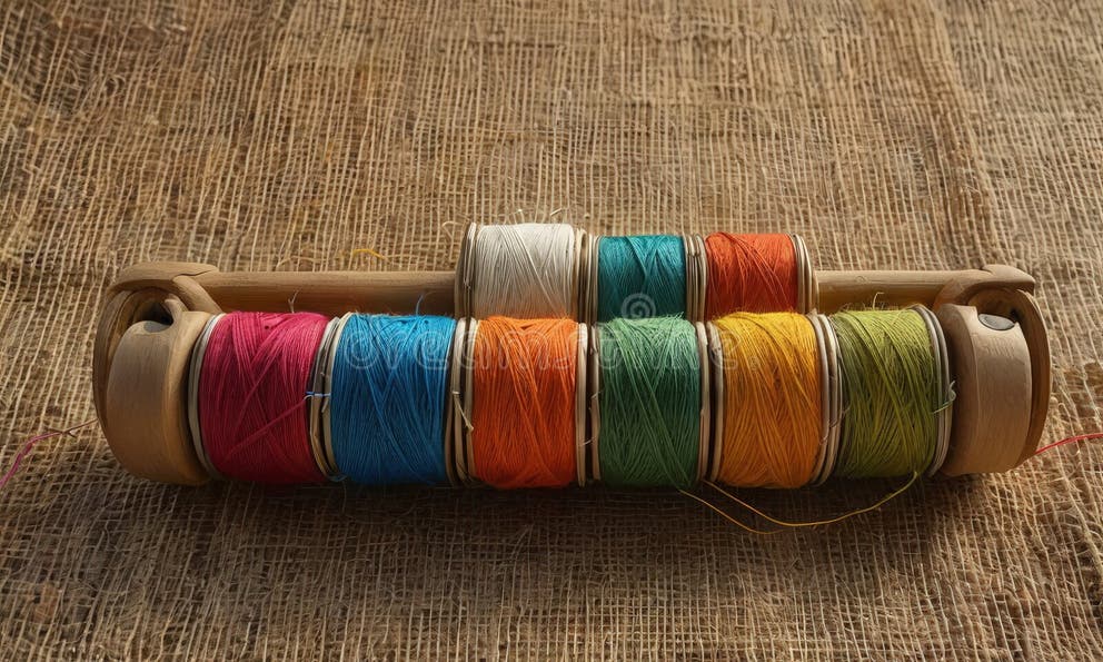 Wooden Spool with Eight Colorful Spools Thread Lies on Wooden Surface ...