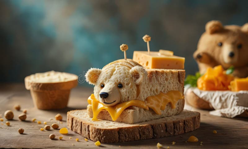 Sandwich with Melted Cheese and Bear Head, Accompanied by Small Bowl ...