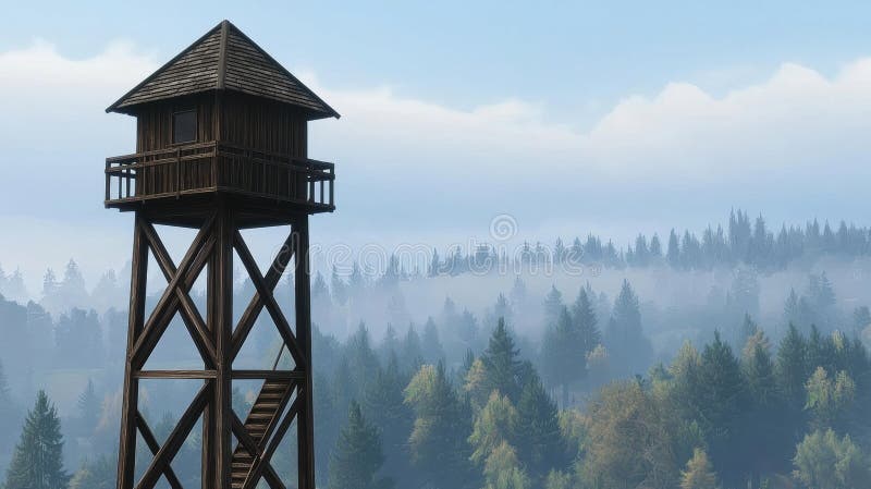 A Wooden Tower with a Balcony Overlooking a Forest. Stock Photo - Image ...