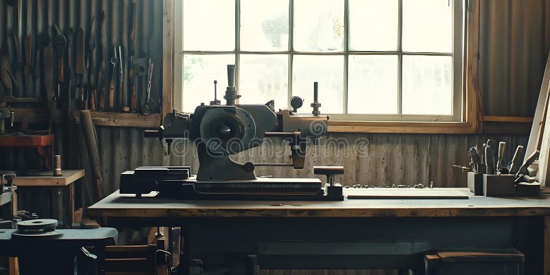 Vintage Workshop with Lathe Machine Stock Illustration - Illustration ...