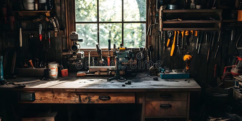 Rustic Workshop with Cluttered Workbench Stock Illustration - Illustration of design, window ...