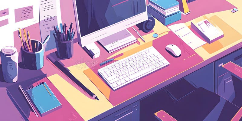 Workspace with Cluttered Desk Setup Stock Illustration - Illustration ...