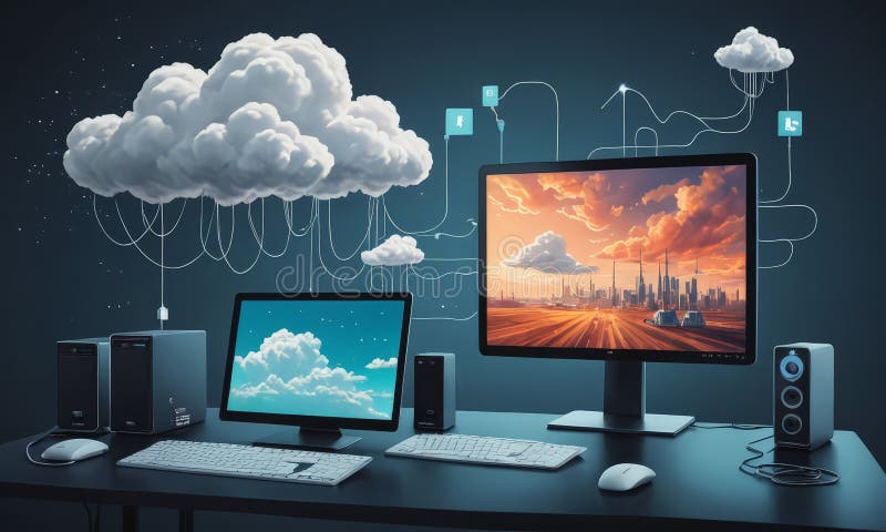 Digital Workspace Features Two Computer Monitors Displaying Cityscape ...