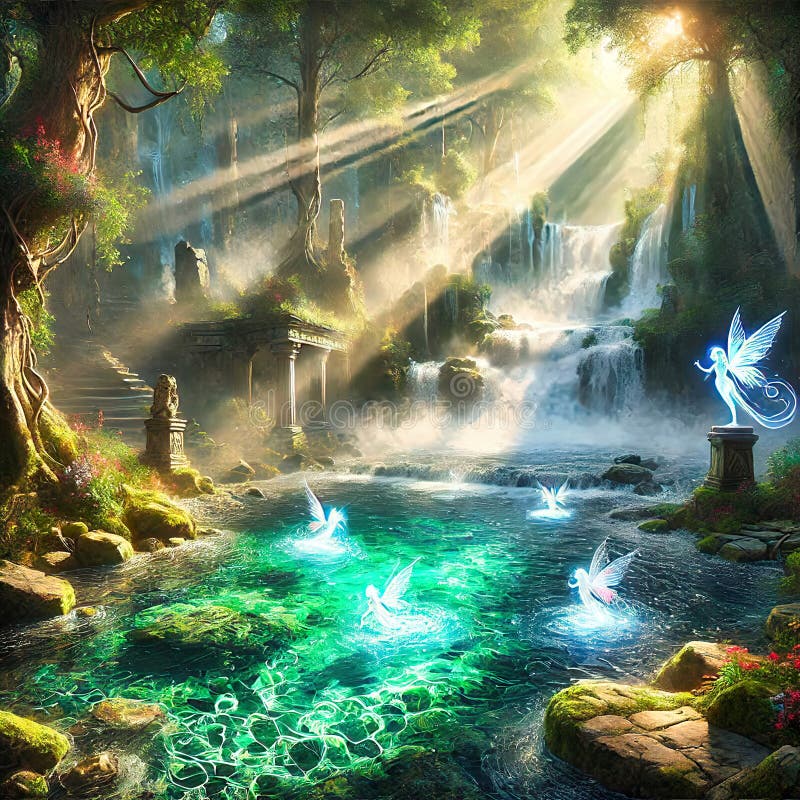 Enchanted Waterfall Sanctuary with Glowing Fairies Stock Illustration ...