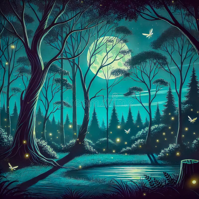 Enchanted Moonlit Forest stock illustration. Illustration of peaceful ...