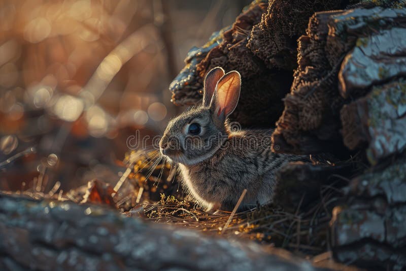 Image Description: a Cute, Fluffy Bunny Rabbit Perched on a Log in a ...