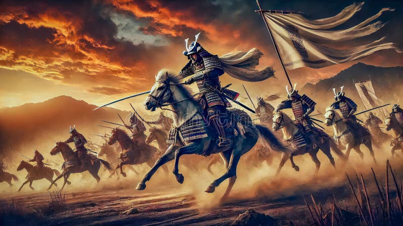 Epic Samurai Cavalry Charge at Sunset in a Dramatic Battlefield Stock ...