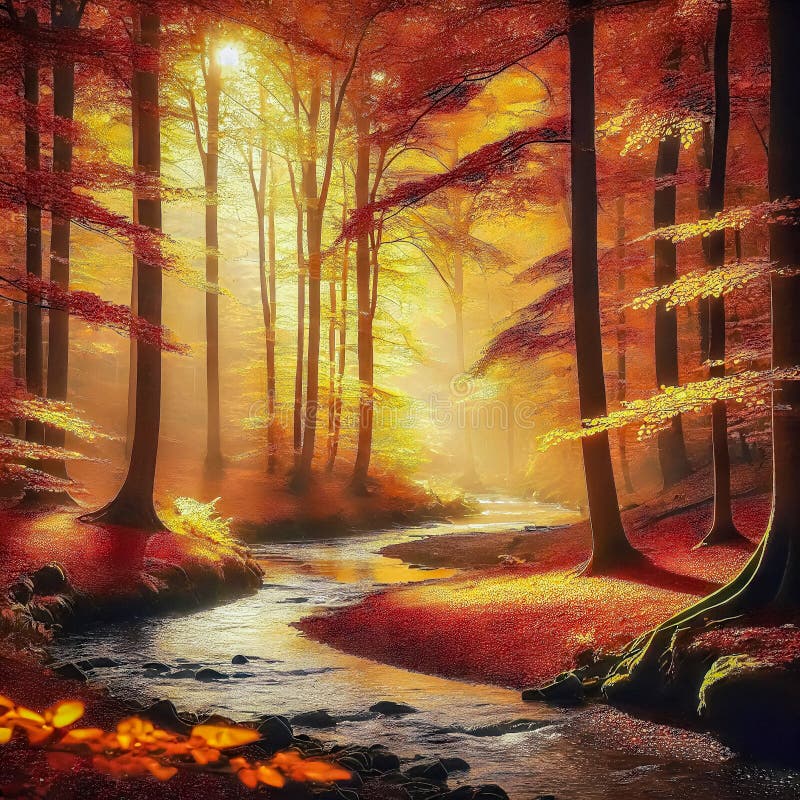 Autumn Radiance: Sunlit Forest with Flowing Stream Stock Illustration ...