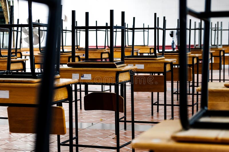 Desk and Chairs in Classroom at School Stock Photo - Image of light ...