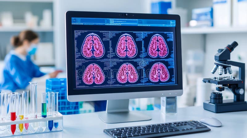 Image of Desktop Computer Running Software for MRI Brain Analysis. Advanced Programming is ...