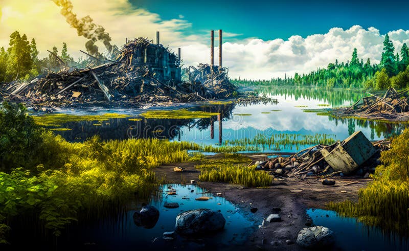 An Image of Destroyed Landscape with Water and Trees. Catastrophic ...