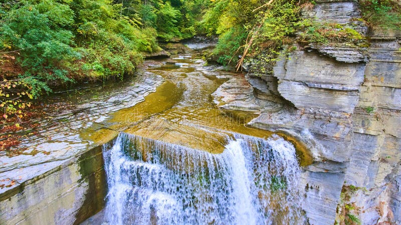 Detail of Edge of Large Waterfall Looking Down River from Aerial View ...