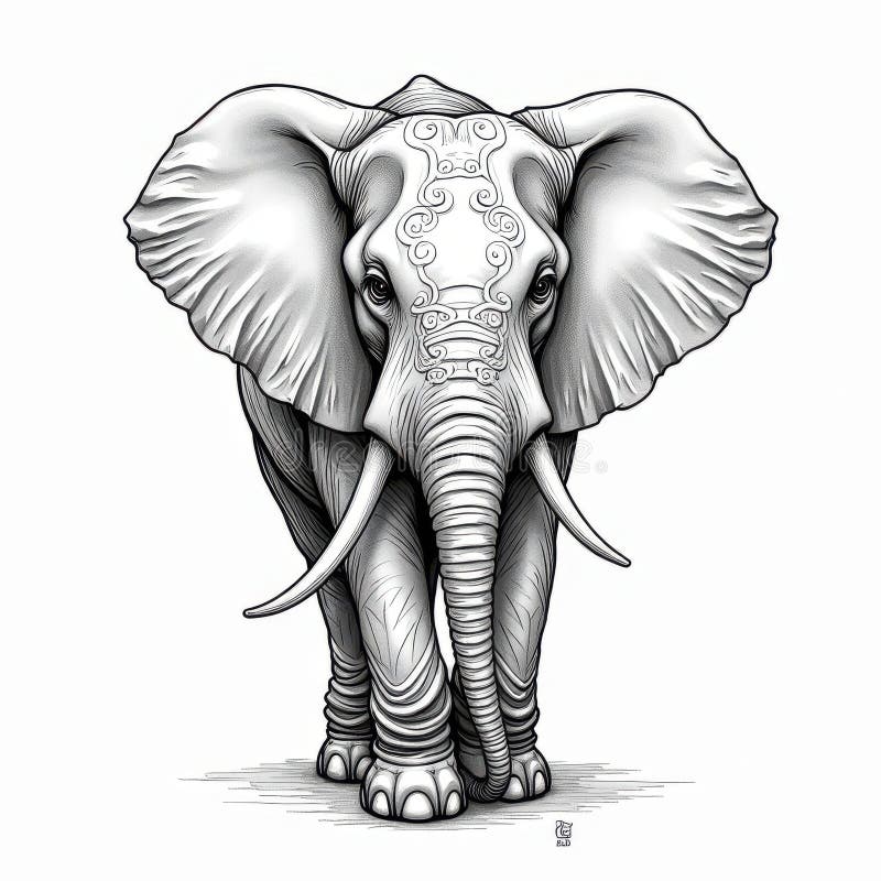 Ornate Elephant Drawing, Front View, Detailed Art Stock Illustration ...