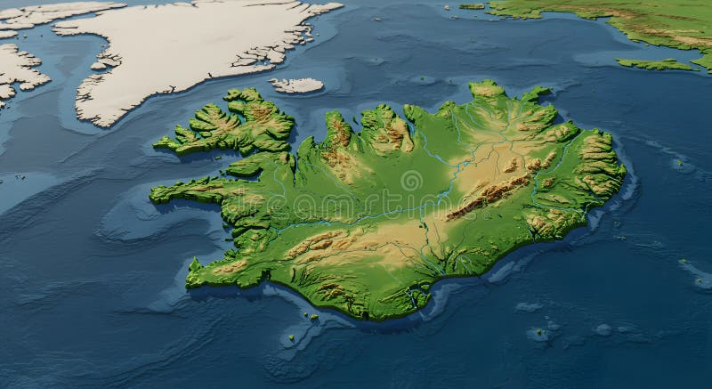 3D Relief Map of Iceland, Showing Topography and Surrounding Waters ...