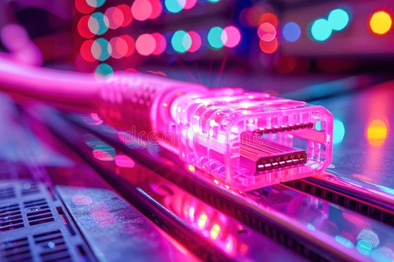 In the Image, a Detailed Shot Reveals a Pink Ethernet Cable Placed on a ...