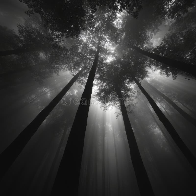 An Image Devoid of Color Featuring Tall Trees Being Consumed by a Dense ...