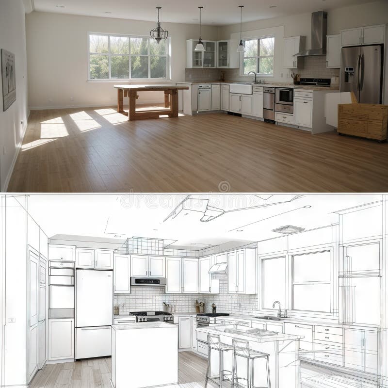 Diagonal Split Screen of Drawing and Photo of Beautiful New Kitchen ...