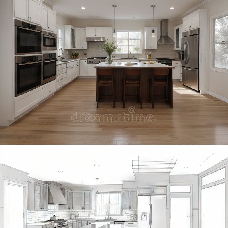 Diagonal Split Screen of Drawing and Photo of Beautiful New Kitchen ...