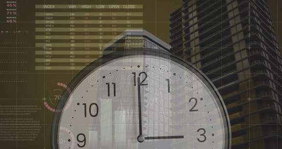 Image of Diagrams and Data Processing with Clock Over Cityscape Stock Image - Image of urban ...