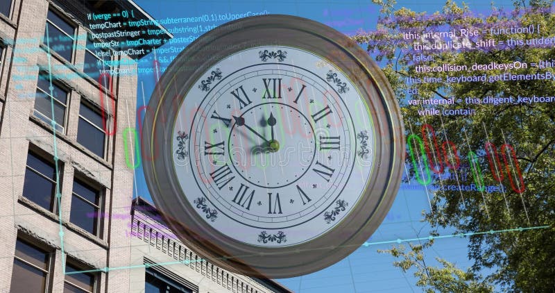 Image of Diagrams and Data Processing with Clock Over Cityscape Stock ...
