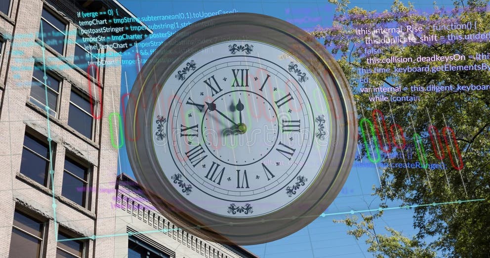 Image of Diagrams and Data Processing with Clock Over Cityscape Stock ...