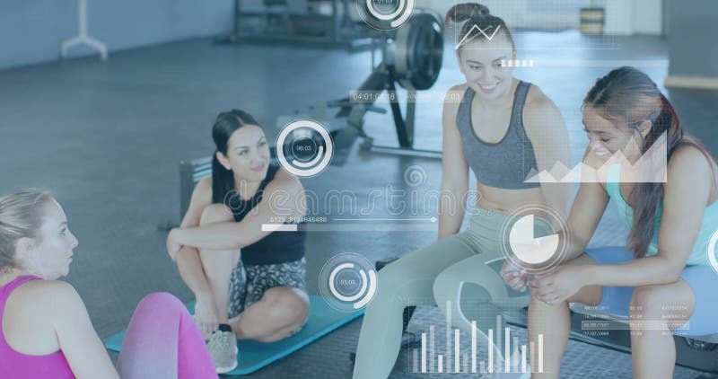 Image of Diagrams and Data Processing Over Diverse Women Talking at Gym ...