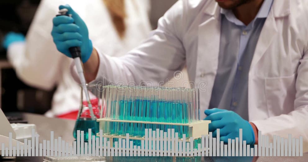 Image of Diagrams Over Biracial Male Scientist Taking Samples in Lab ...