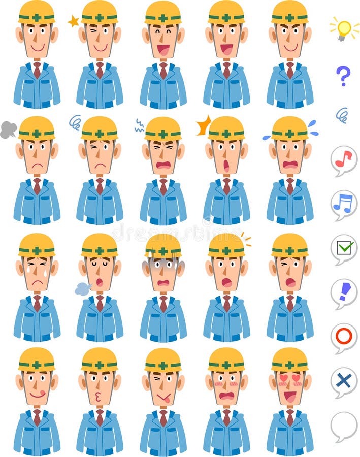 20 Different Facial Expressions and Upper Body of Men Wearing Blue Work ...