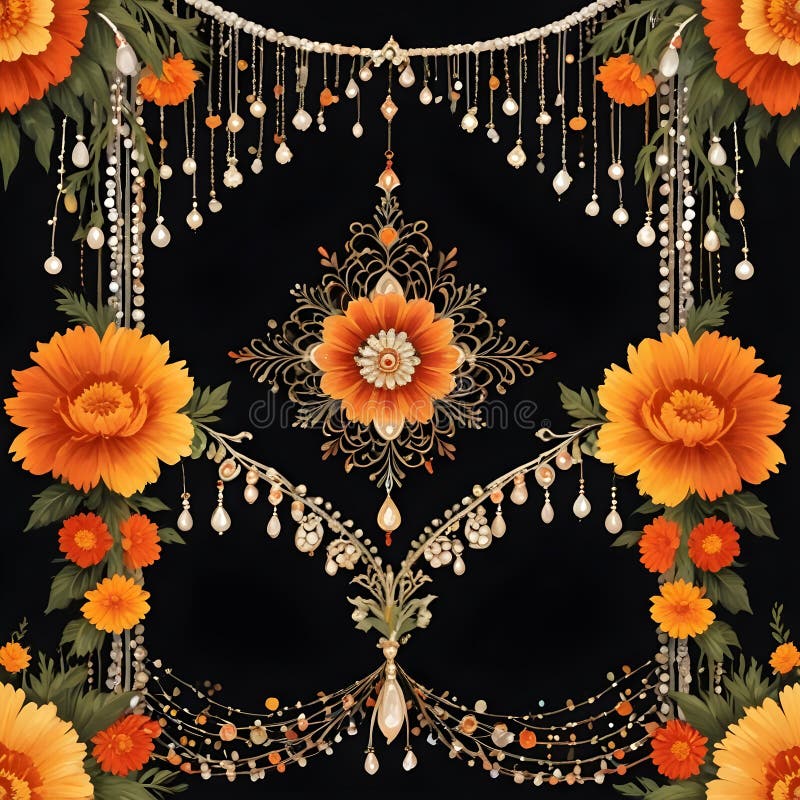 Intricate Floral Design with Vibrant Orange and Yellow Flowers. Ornate ...