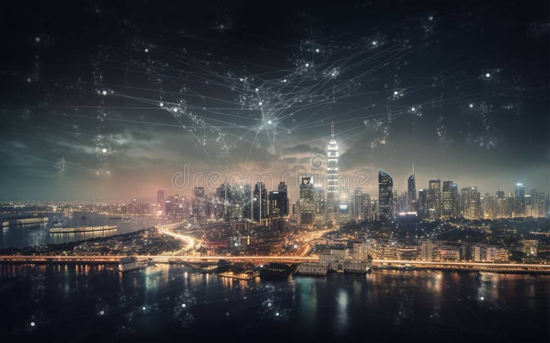 Digital Binary Flow on Night in Megapolis, Internet of Things, Smart ...