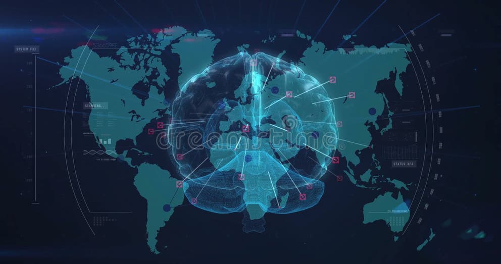 Image of Digital Brain Over Scope Scanning with World Map on Black Background Stock Photo ...