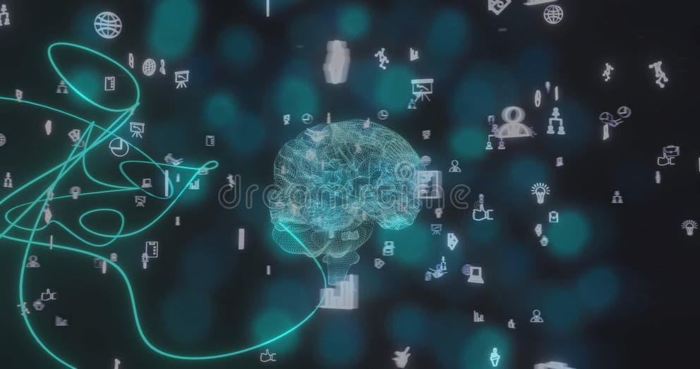 Image of Digital Brain Spinning Over Media Icons Stock Illustration ...