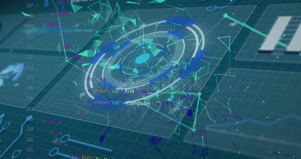 Image of Digital Circles, Dots Connected with Lines and Programming Codes on Interface Screens ...